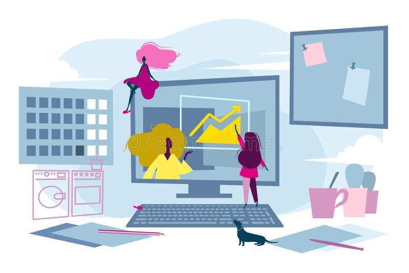 Young Women at Home Do Distance Learning or Work Remotely from Home ...