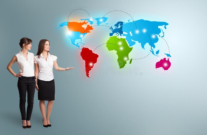 Young Women Presenting Colorful World Map Stock Image - Image of modern ...