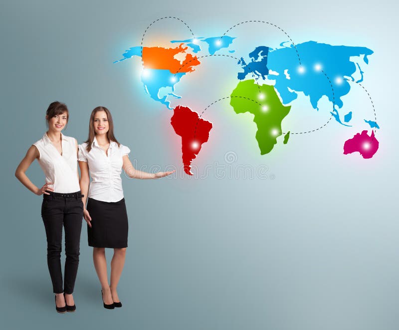 Young Women Presenting Colorful World Map Stock Image - Image of border ...
