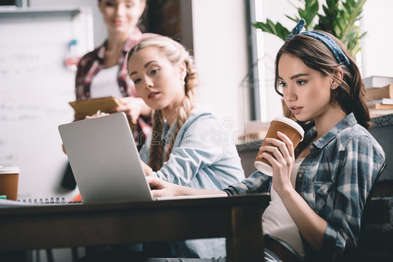 Young Women Students Studying Together with Laptop Stock Image - Image ...