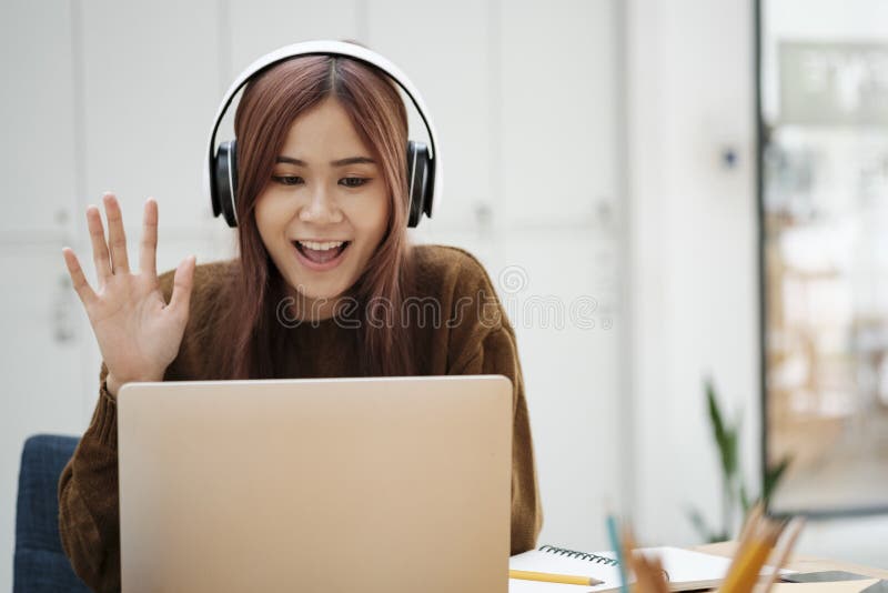 Young Women Study in Front of the Laptop Computer at Home. Stock Image ...