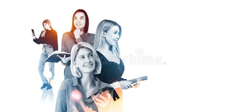 Young Women Teamwork with Devices in Hands on Copy Space Background ...