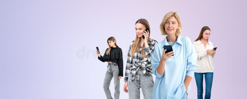 Young Women Teamwork with Devices in Hands on Copy Space Background ...