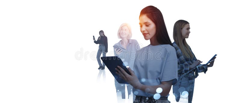 Young Women Teamwork with Devices in Hands on Copy Space Background ...