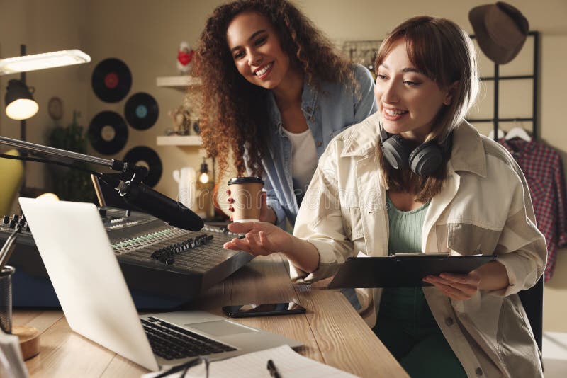 Young Women Working in Modern Radio Studio Stock Photo - Image of ...