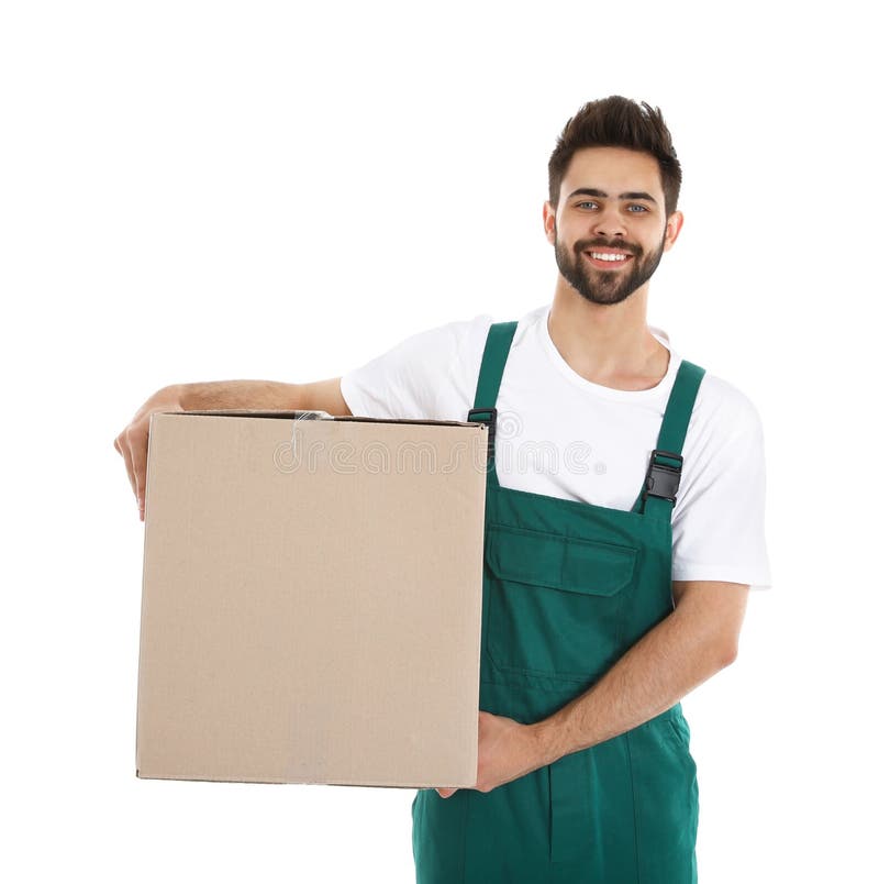 Young Worker Carrying Box Isolated on White. Moving Stock Photo - Image ...