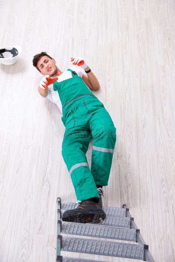 The Young Worker Falling from the Ladder Stock Photo - Image of hardhat ...