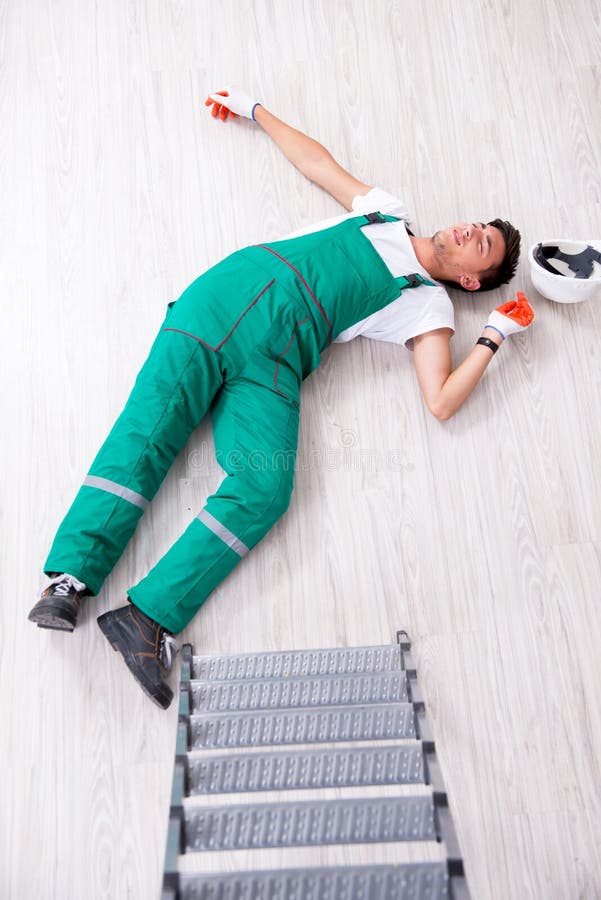 The Young Worker Falling from the Ladder Stock Image - Image of helmet ...