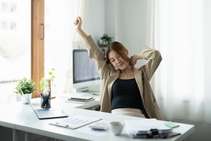Young Asian Business Woman Having Break and Resting after Solving Task ...