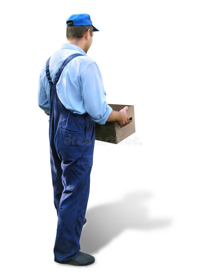 Young Worker in Working Clothes, Carrying a Box. Looked from Behind ...
