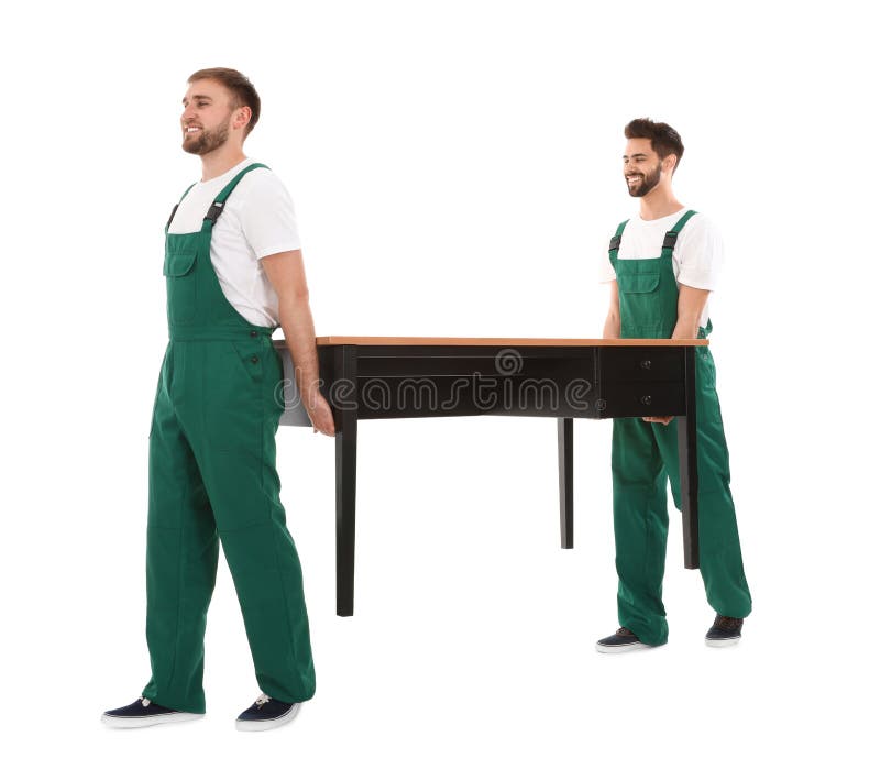 Young Workers Carrying Table Isolated on White Stock Photo - Image of ...