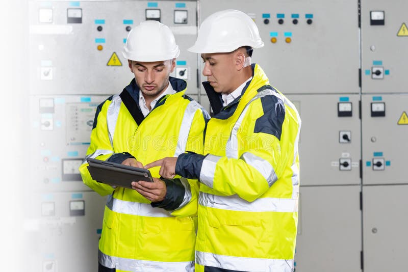Young Workers Engineers Wearing Protective Helmet and Uniform while ...