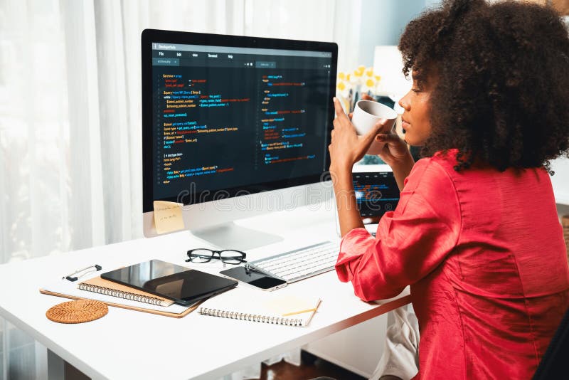 Young Working African Woman Creating Coding Website Developer ...