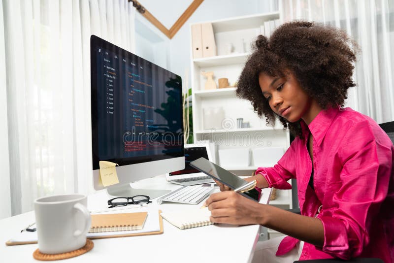 Young Working African Woman Creating Coding Website Developer ...