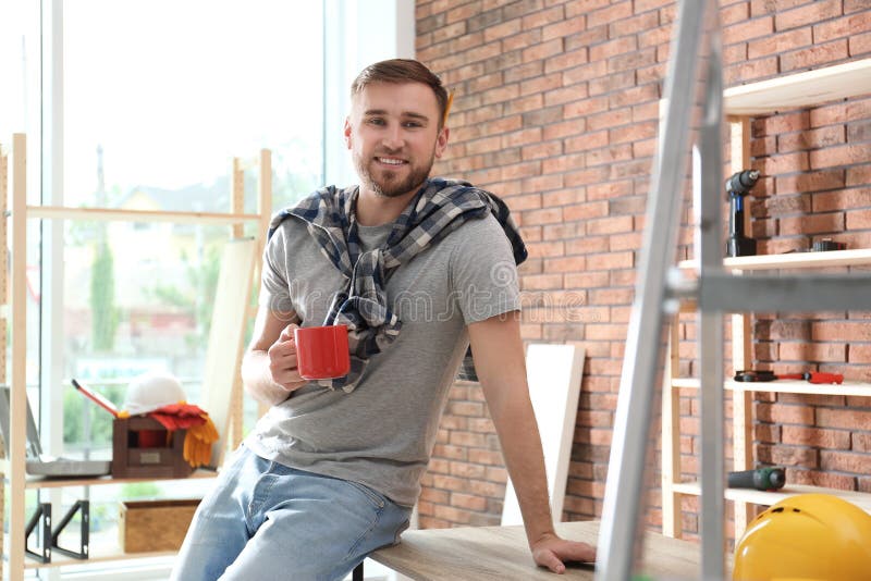 Young Working Man Having Coffee Break Stock Image - Image of handsome ...