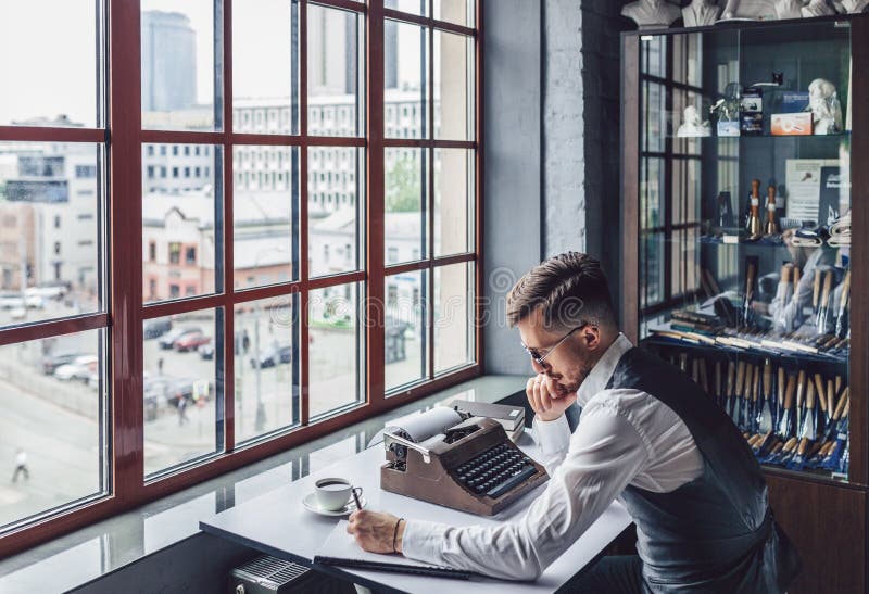 Young Writer with a Retro Typewriter Stock Photo - Image of vintage ...