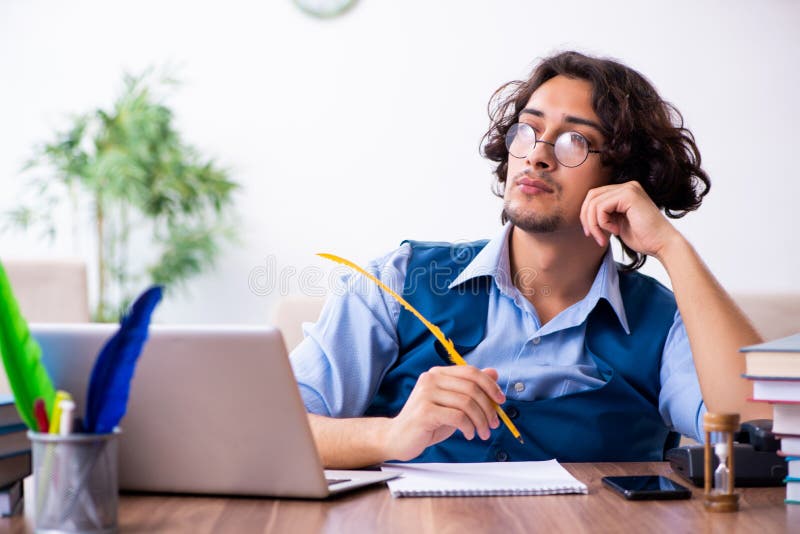 Young Writer Working on His New Work Stock Image - Image of home, book ...