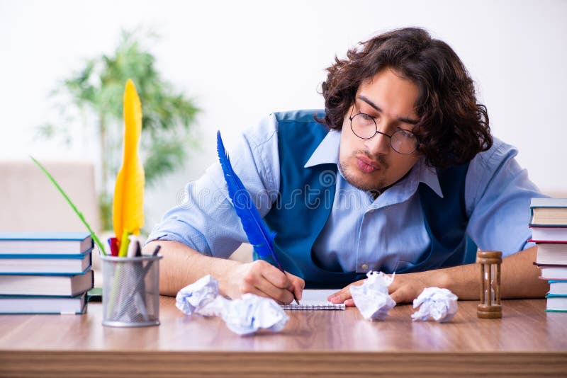 Young Writer Working on His New Work Stock Image - Image of plume ...
