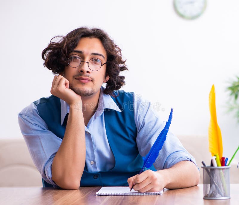 Young Writer Working on His New Work Stock Image - Image of books ...
