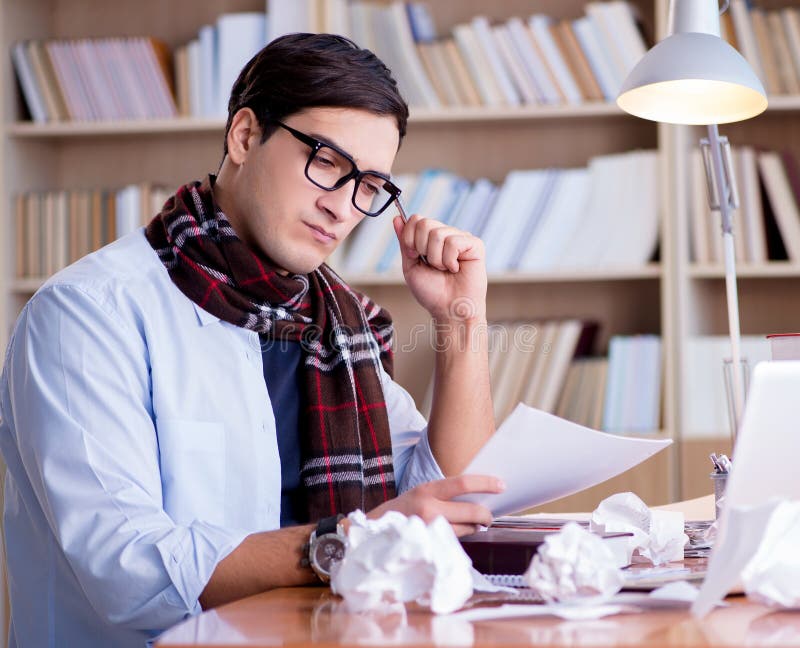 Young Writer Working in the Library Stock Image - Image of glasses ...