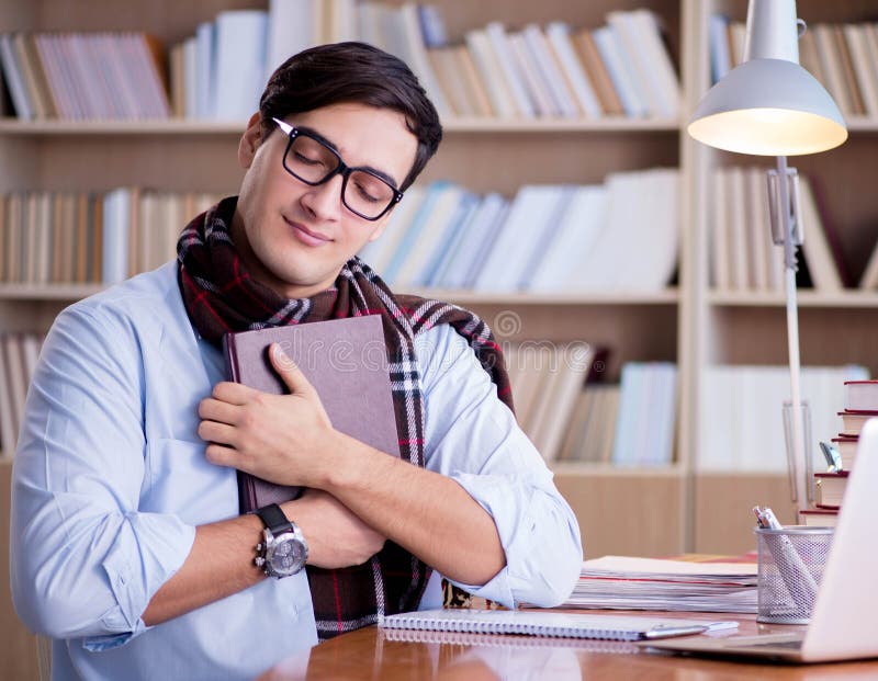 Young Writer Working in the Library Stock Photo - Image of glasses ...