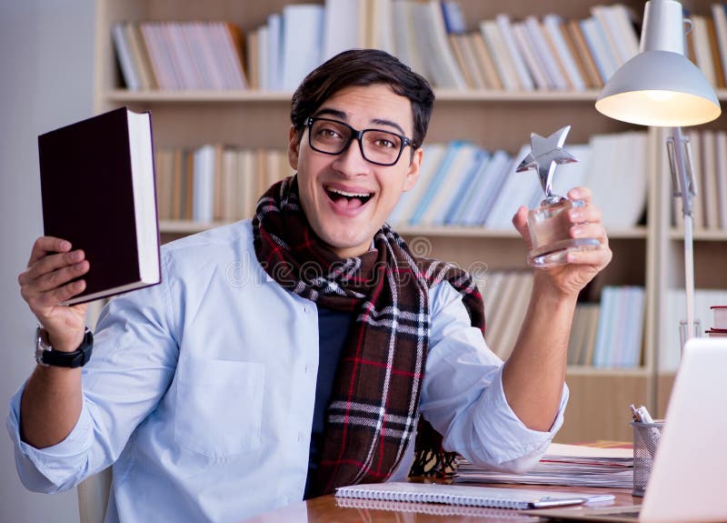 Young Writer Working in the Library Stock Photo - Image of books ...