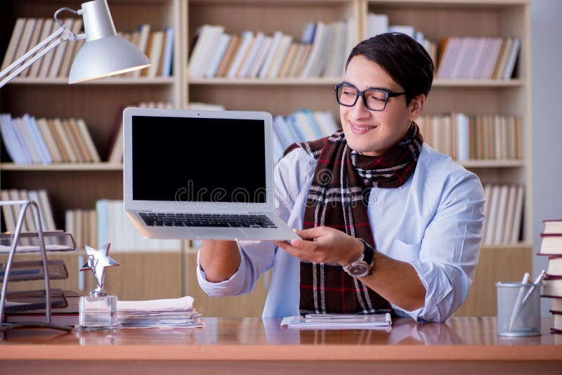The Young Writer Working in the Library Stock Photo - Image of books ...