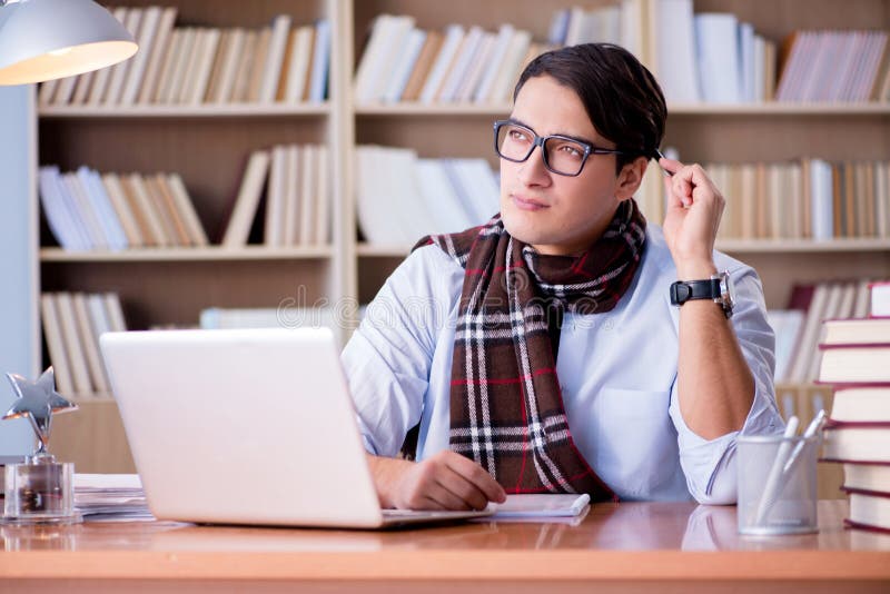 The Young Writer Working in the Library Stock Image - Image of notebook ...