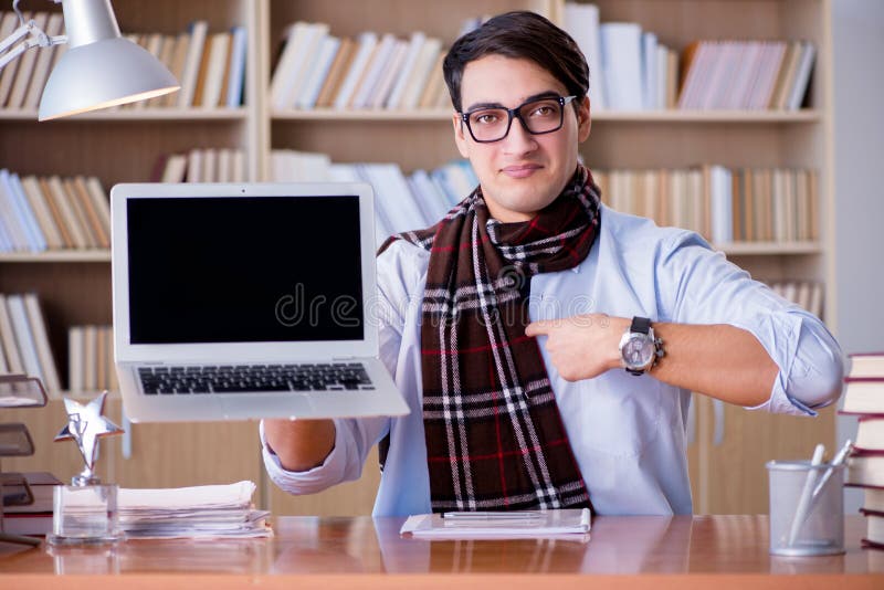 The Young Writer Working in the Library Stock Image - Image of computer ...