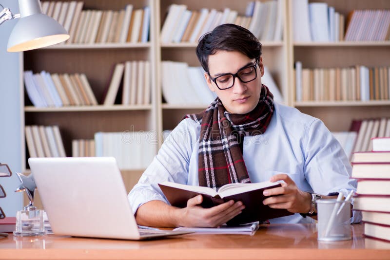 The Young Writer Working in the Library Stock Image - Image of handsome ...