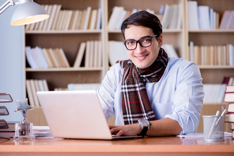 The Young Writer Working in the Library Stock Image - Image of glasses ...