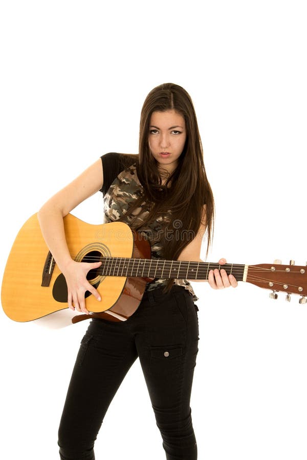 Younger Female Model Playing Guitar Serious Facial Expression Stock ...
