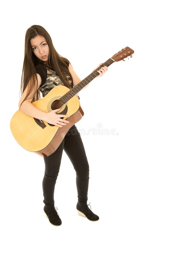Younger Female Model Standing Playing Her Acoustic Guitar Stock Photo ...