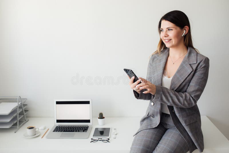 Younger Girl Working in the Office at the Table Stock Image - Image of ...