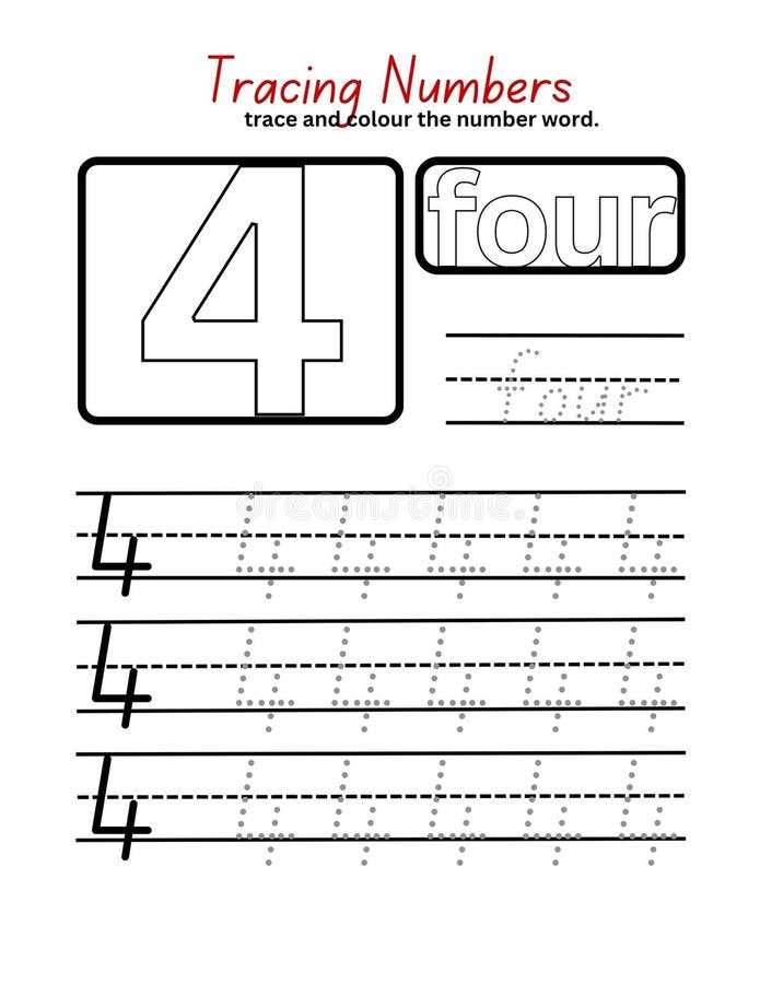 Tracing and Coloring Number 4 for Kids Stock Illustration ...