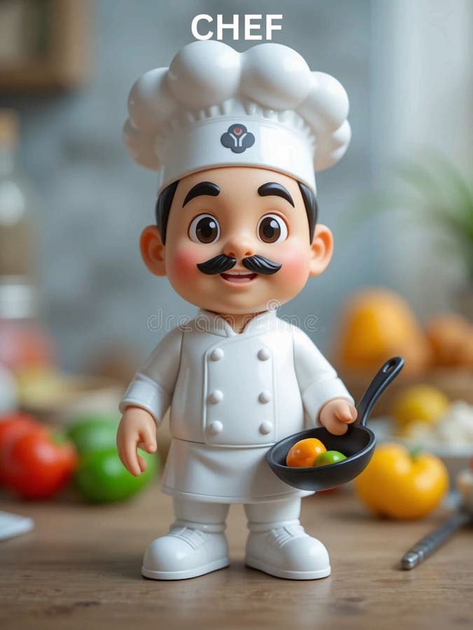 3D Cartoon Chef Figurine in Toy Box with Cooking Utensils Stock ...