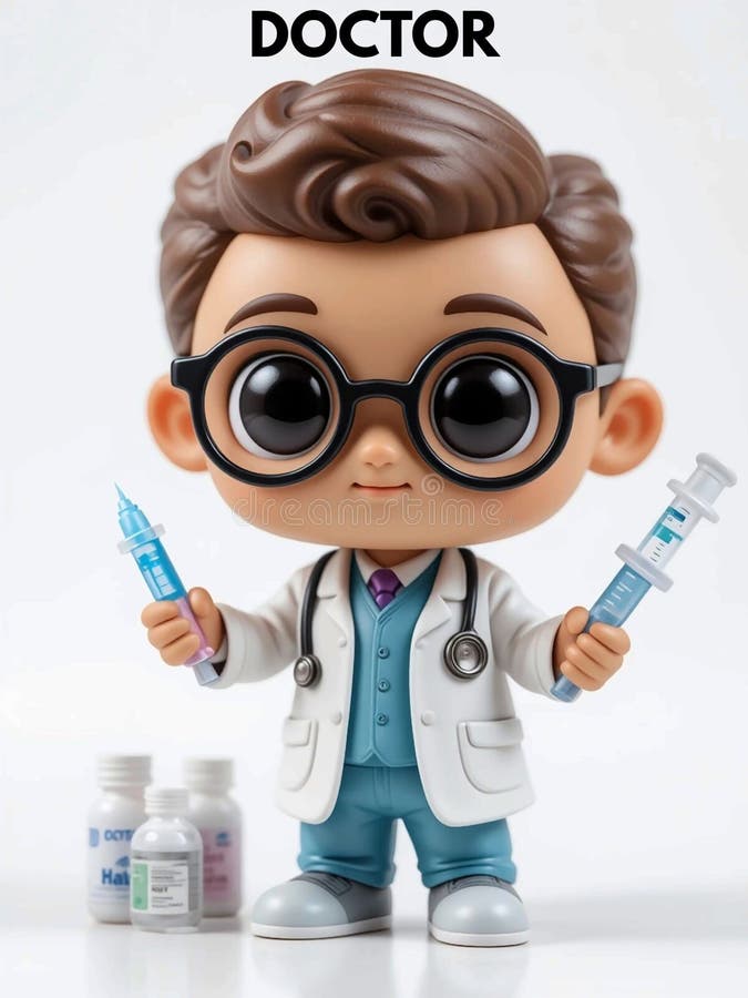 3D Cartoon Doctor Figurine in Toy Box with Medical Accessories Stock ...