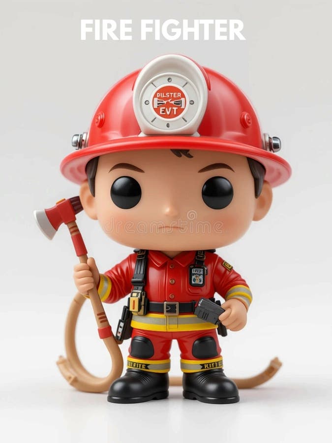 3D Cartoon Firefighter Figurine in Toy Box with Firefighting Gear Stock ...