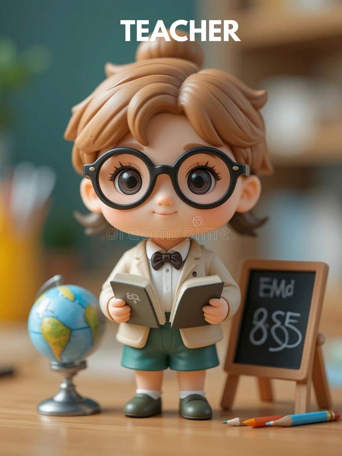 3D Cartoon Teacher Figurine in Toy Box with Educational Tools Stock ...