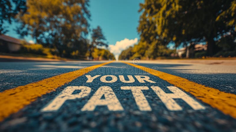 Your Path on a Road with Trees and Yellow Line. Stock Image - Image of ...