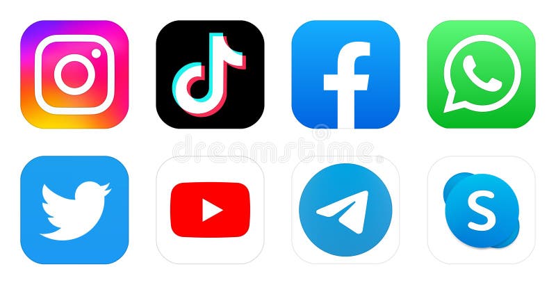 Instagram, TikTok, Facebook, Whatsapp, Twitter, YouTube, Telegram and Skype App Icons. Set of ...