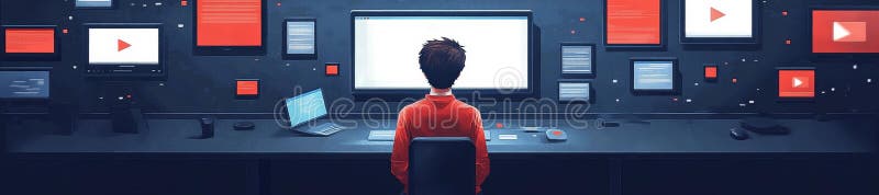 YouTuber Surrounded by Multiple Monitors and YouTube Icons in a Tech ...