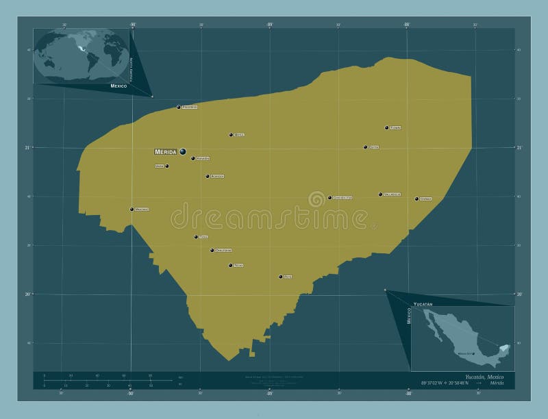Yucatan, Mexico. Solid. Labelled Points of Cities Stock Illustration ...
