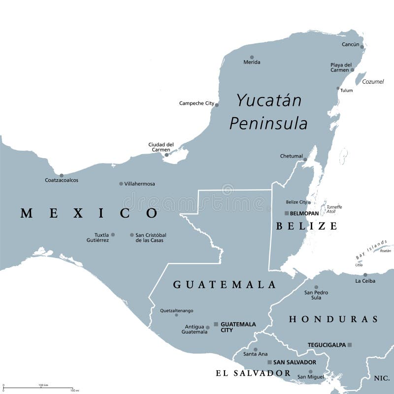 Yucatán Peninsula Gray Political Map, Peninsula in Southeastern Mexico ...