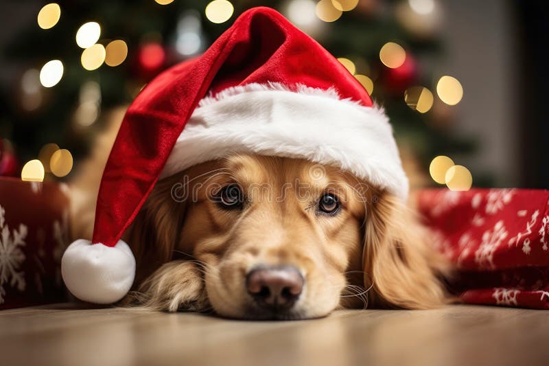 Yule Dog: Golden Retriever in Santa Hat by the Tree Stock Illustration ...
