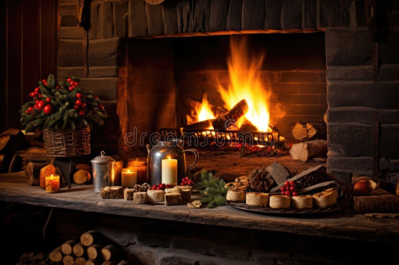 Yule Log Burning in a Stone Fireplace Stock Image - Image of holiday ...