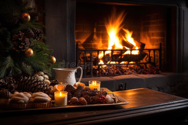 Yule Log Burning in a Stone Fireplace Stock Photo - Image of generated ...