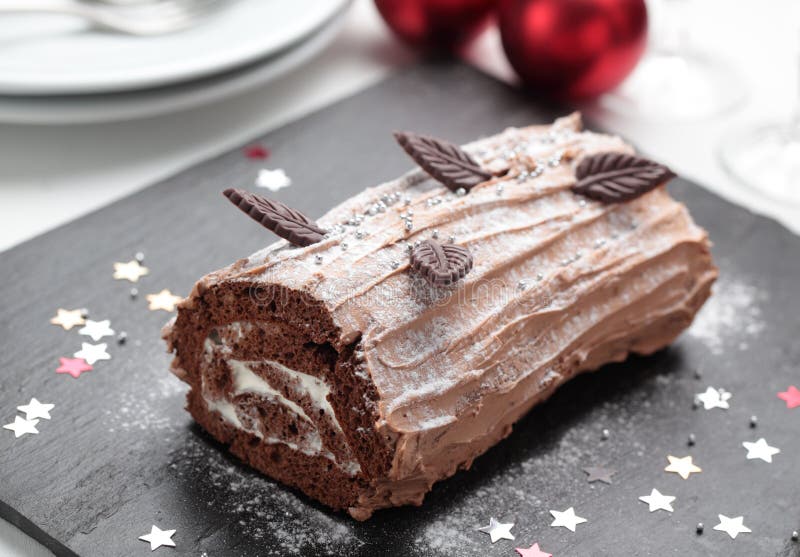 Yule Log Cake on a Christmas Table Stock Image - Image of cake, holiday ...