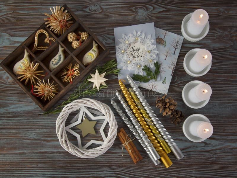 Yuletide Altar with Holiday Postcard Stock Photo - Image of burning ...