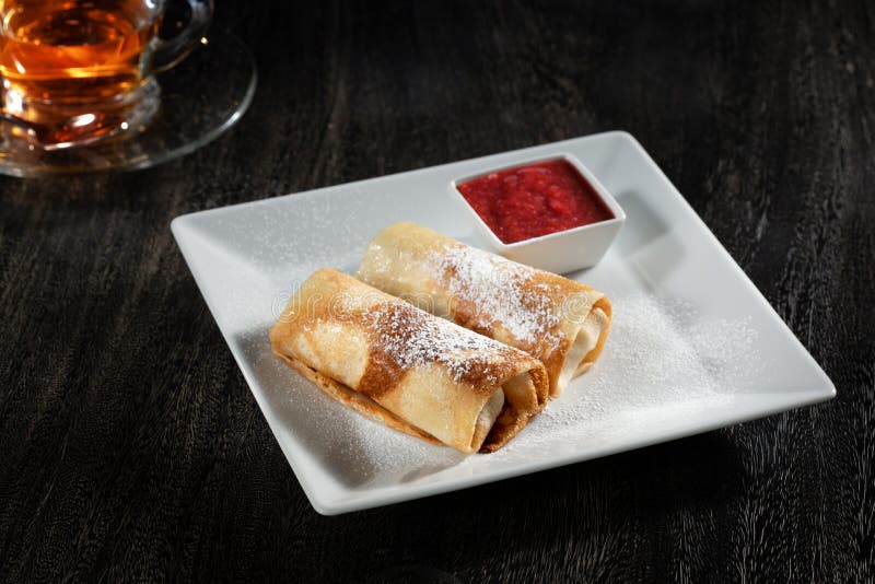 Yummy Crepes with Jam on Grey Table Stock Image - Image of cuisine ...